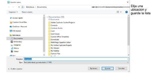 Exportar listas de diseño